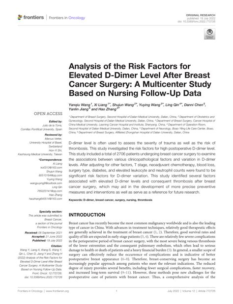 Pdf Analysis Of The Risk Factors For Elevated D Dimer Level After