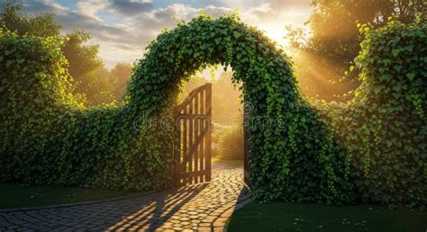Peaceful Garden Gate Covered In Ivy With Dramatic Orange Sunbeams On A