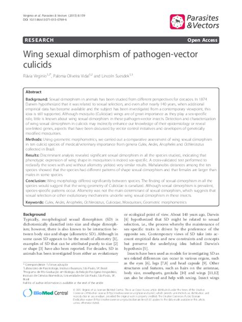 Pdf Wing Sexual Dimorphism Of Pathogen Vector Culicids