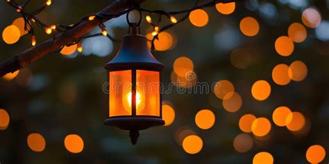 Glowing Lantern Hanging On Tree Branch With Bokeh Royalty Free Image