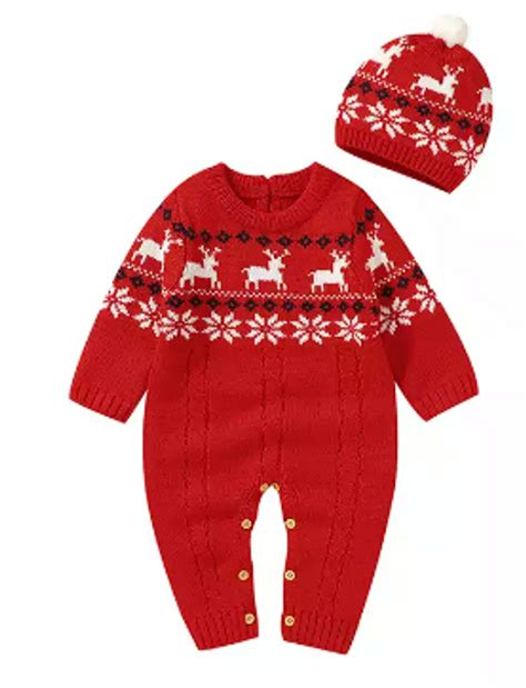 Comet Red Fair Isle Knit Romper With Pom Hat