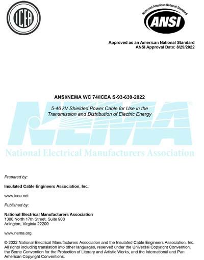 Ansi Nema Wc 74 Icea S 93 639 2022 5 46 Kv Shielded Power Cable For Use In The Transmission