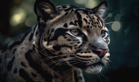 Close Up Photo Of Clouded Leopard On Blurry Bokeh Forest Background