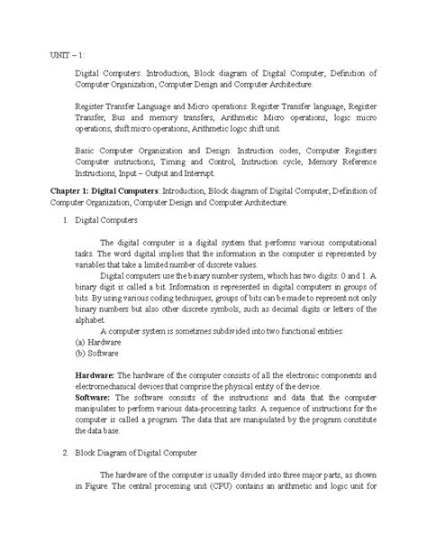Coa Notes For Unit 1 Digital Computers And Basic Organization Studocu
