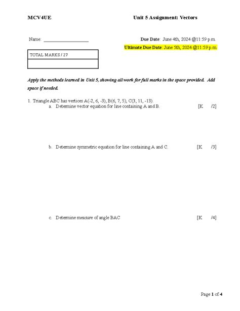 S2 Mcv4u Unit 5 Assignment Vectors Name