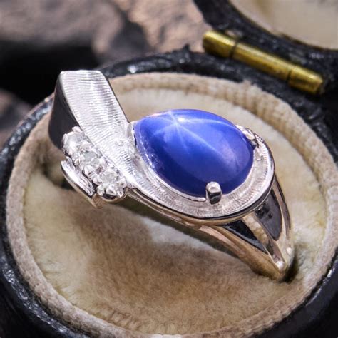 Asymmetric Lab Grown Star Sapphire Ring 14k White Gold