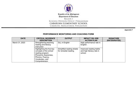 Performance Monitoring Form Reading And Literacy