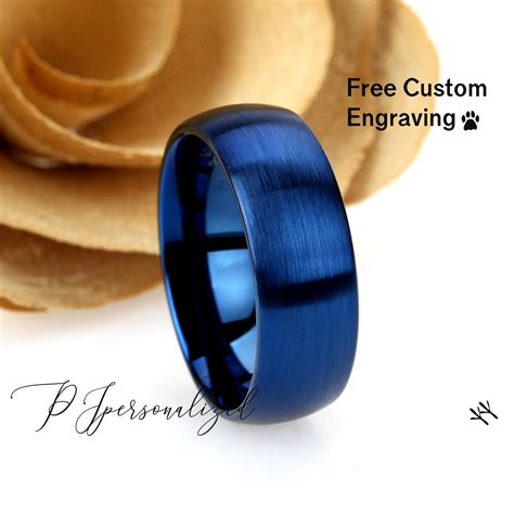Tungsten Wedding Band Men Blue 8mm Domed Brushed Tungsten Ring For Men