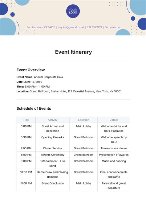 Free Event Itinerary Template