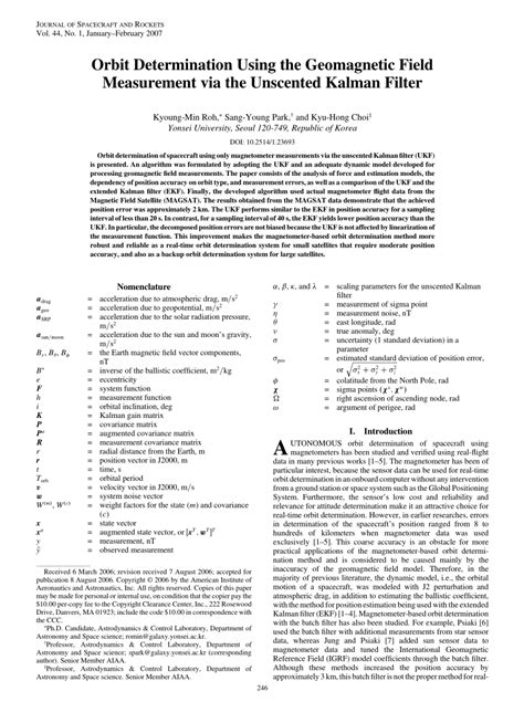 Pdf Orbit Determination Using The Geomagnetic Field Measurement Via The Unscented Kalman Filter