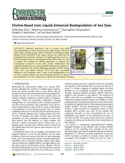Pdf Choline Based Ionic Liquids Enhanced Biodegradation Of Azo Dyes
