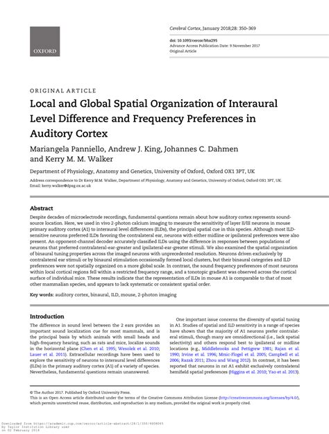 Pdf Local And Global Spatial Organization Of Interaural Level Difference And Frequency