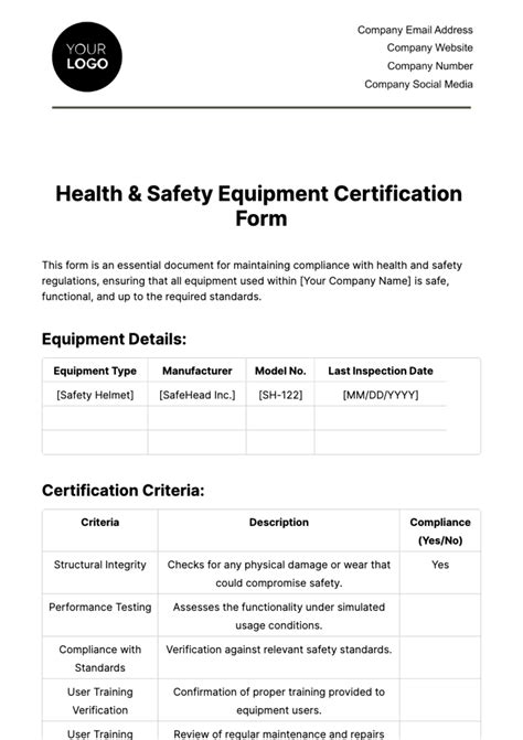 Free Health And Safety Equipment Certification Form Template To Edit Online