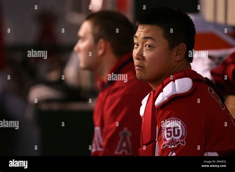 Hank Congor 16 Of The Los Angeles Angels Between Innings Against The Cleveland Indians At Angel