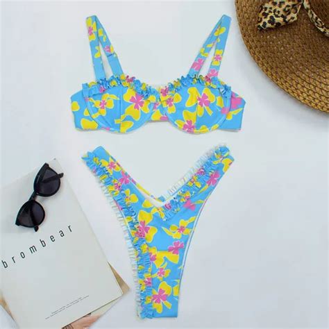 Two Piece Womens Swimsuit Floral Printing Sexy Lace Ruffle Bikini