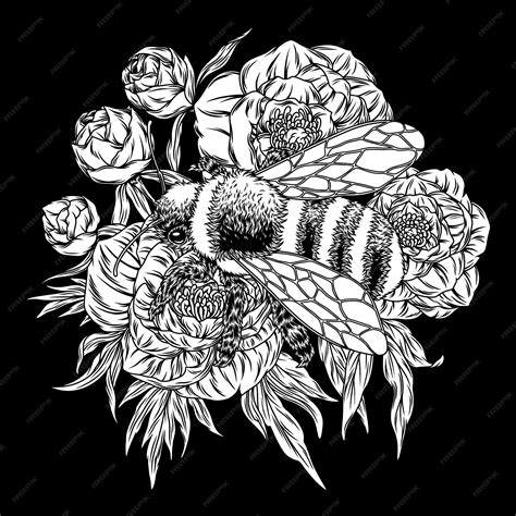 Premium Vector Bee And Flower Black And White Illustration