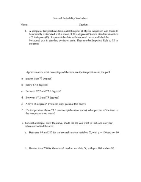 Normal Distribution Worksheet Doc Worksheet