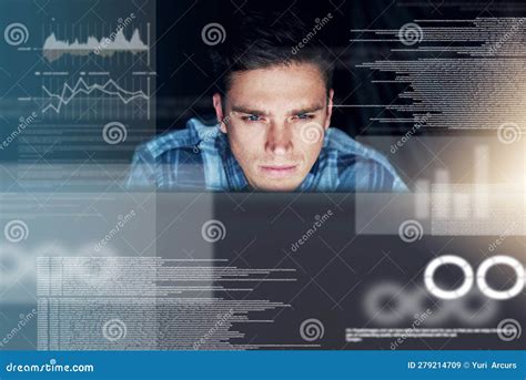 It Programmer And Man With Hologram Data Analysis Or Digital Software