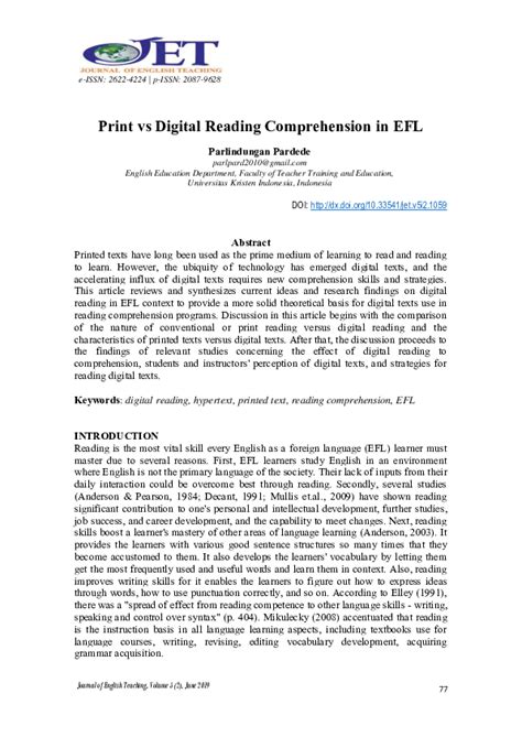 Pdf Print Vs Digital Reading Comprehension In Efl