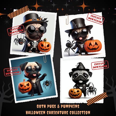 Goth Pugs And Pumpkins Spooky Caricature Collection Digital Art 
