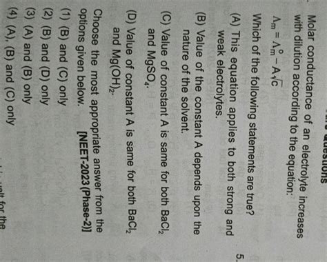 Molar Conductance Of An Electrolyte Increases With Dilution According To