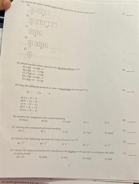 Solved 17 Choose The Valence Orbital Wiagram Then