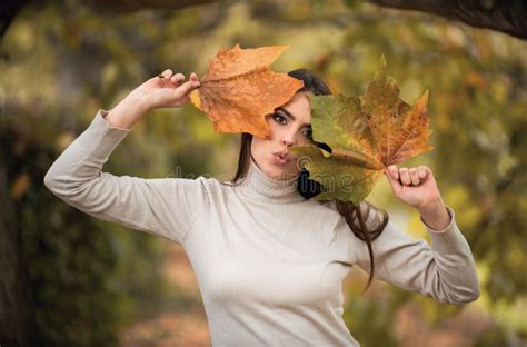 Autumn Romance Woman With Leaves Female Model On Foliage Day Dream