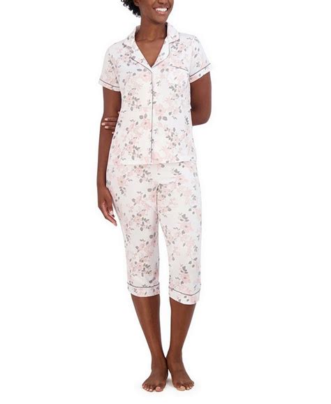 Tahari Womens Short Sleeve Notch Collar Top And Pants 2 Piece Pajama