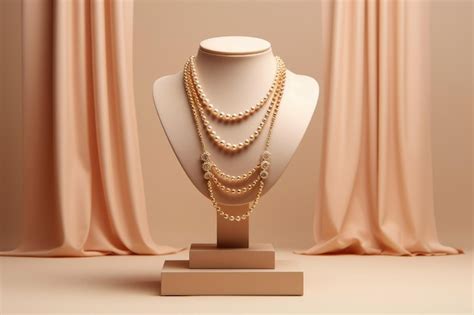 Premium Photo Gilded Elegance Golden Necklaces Displayed On A Beige Showcase Pedestal
