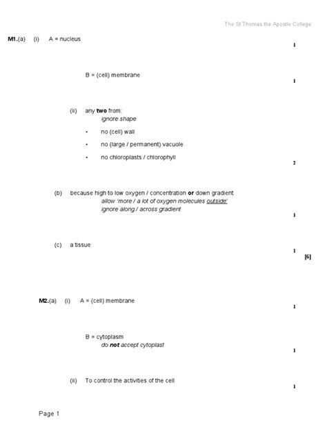 B1 Cell Structure And Transport Mark Scheme Pdf Osmosis Cell