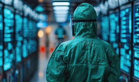Person In Protective Suit Walking Through Illuminated Server Room
