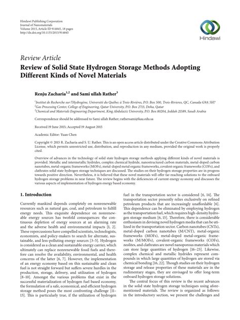 Pdf Review Of Solid State Hydrogen Storage Methods Adopting Different
