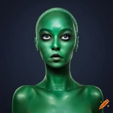 Martian Alien Girl With Dark Green Slime Skin And Long Bangs Hair Style