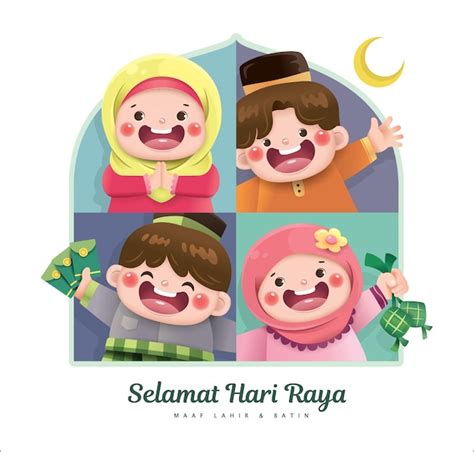 Premium Vector Hari Raya Aidilfitri Greeting Card With Cute Muslim