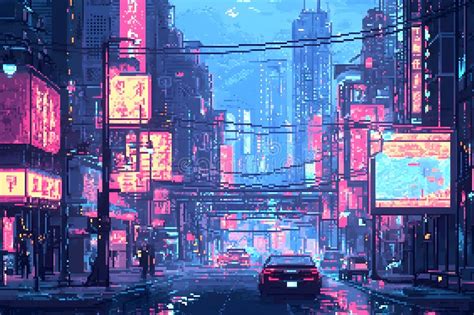 Retro Pixel Art Style City At Night With Neon Lights Reflecting On Wet