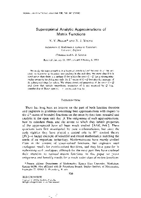 Pdf Superoptimal Analytic Approximations Of Matrix Functions