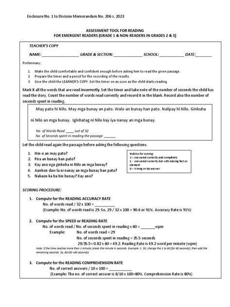 Emergent Pre Post Reading Assessment Tool Pdf Linguistics Learning Methods