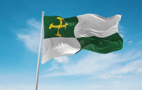 Official Flag Of Comerio Untied States Of America At Cloudy Sky Stock