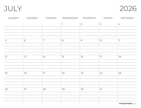 July 2026 Calendars Free Printable And Fillable