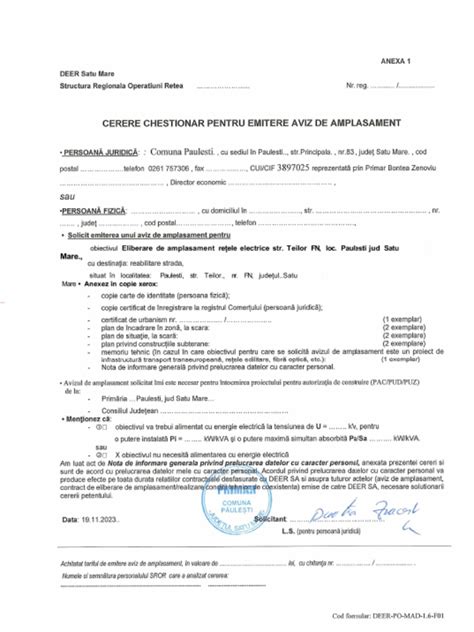 Cerere Aviz De Amplasament Teilor Pdf