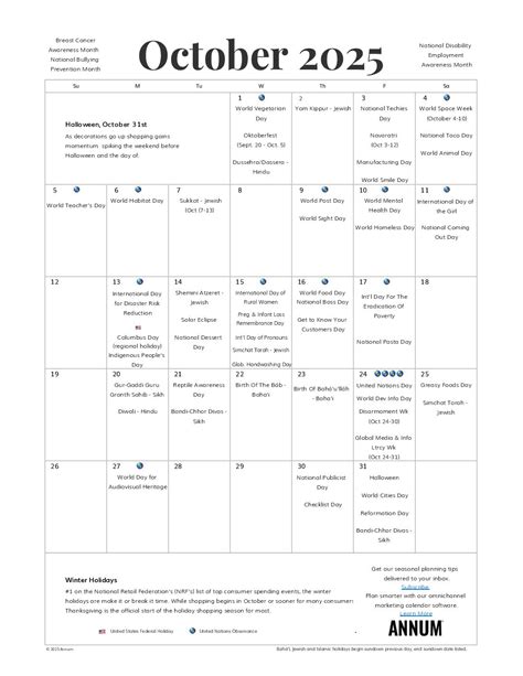 National Calendar October 2025 Calendar Printable
