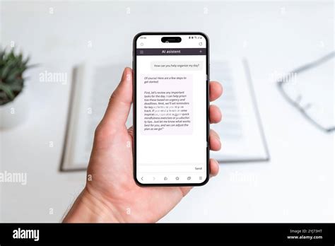 Hand Holding Ai Assistant App On Smartphone Helping Organize Daily Hand Holding Ai Assistant App On Smartphone Helping Organize Daily