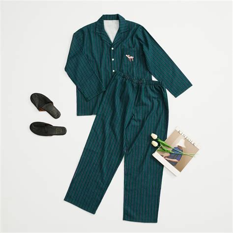 Cute Emb Deer Couple Pajama Set Deer Pjs Dark Green Pajama 100