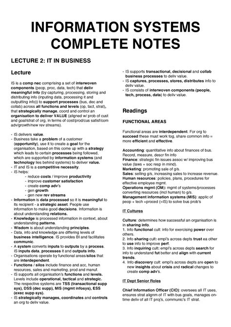 Infosys 110 Exam Notes Information Systems Complete Notes Lecture 2 It In Business Lecture Is