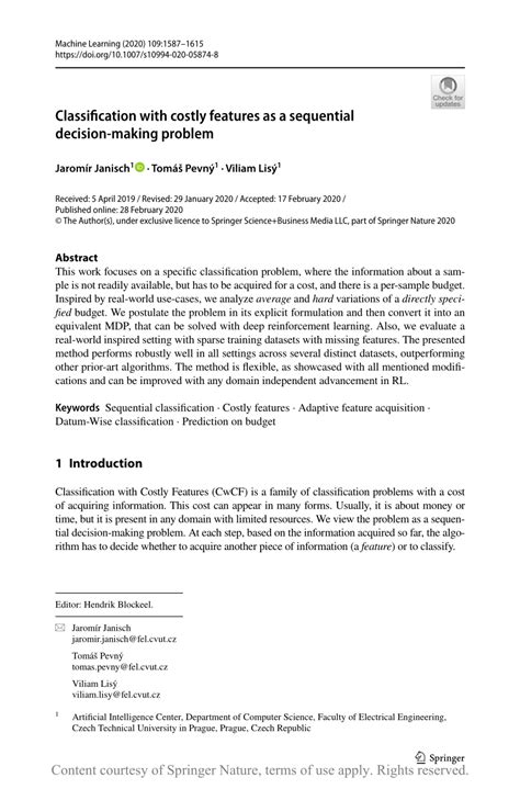Classification With Costly Features As A Sequential Decision Making Problem Request Pdf