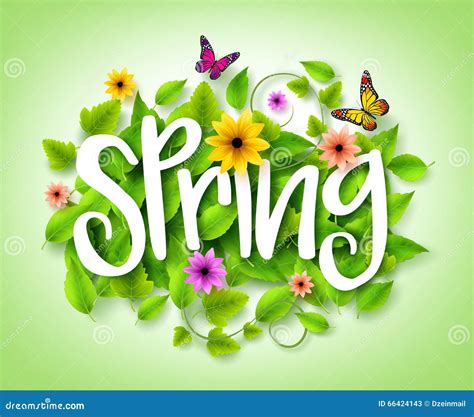 Spring Title Text With Vector Green Leaves In The Background