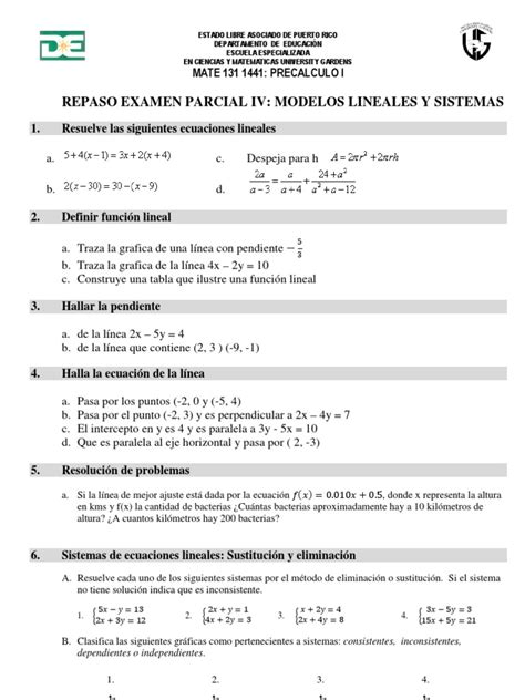 Repaso 131 1441 Examen Iv Sistema De Ecuaciones Lineales Pdf Matriz