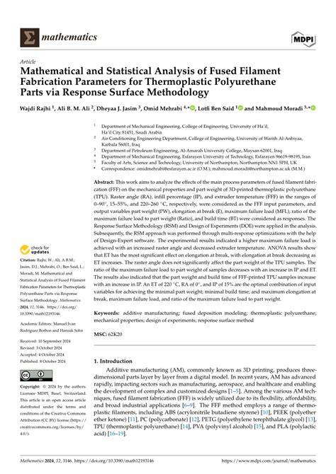 Pdf Mathematical And Statistical Analysis Of Fused Filament Fabrication Parameters For