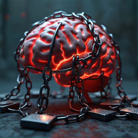 Brain Trapped In Metal Chains Glowing Red Light Conceptual Digital