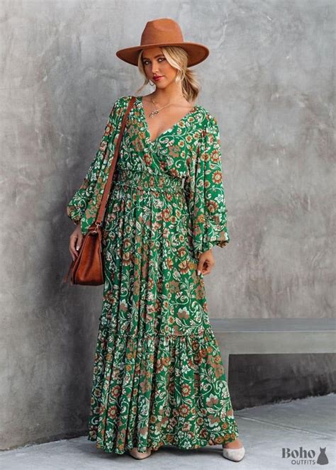 Floral Green Boho Maxi Dress Long Sleeve Dress Long Sleeve Evening